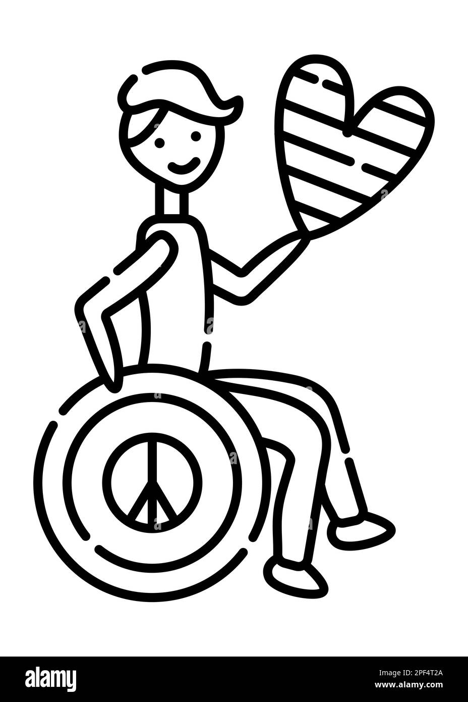 Disabled man in wheelchair with heart in his hand and pacific symbol on ...