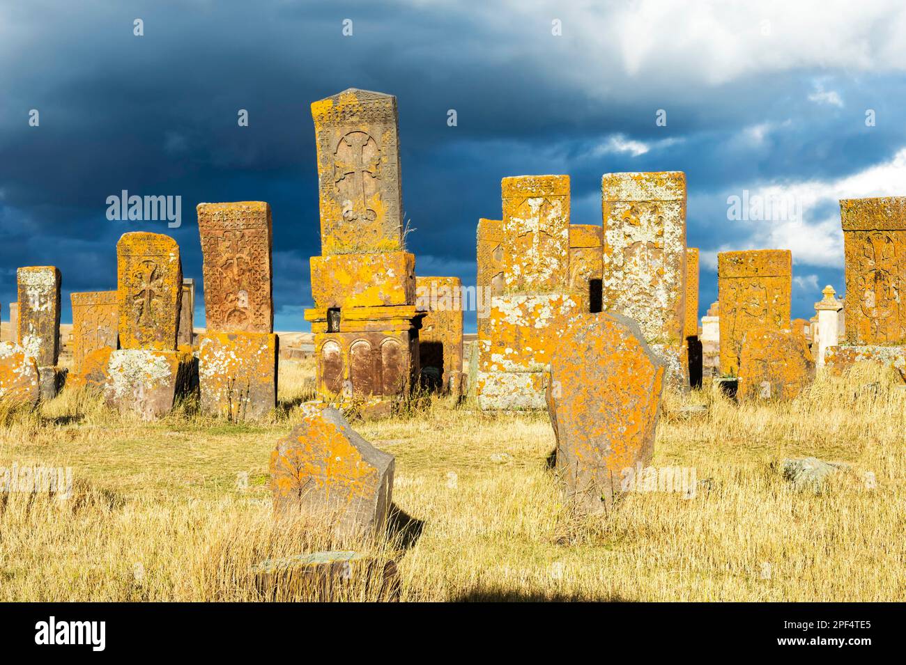 Medieval Khachkars carved memorial stele, Noratus cemetery, Lake Sevan ...