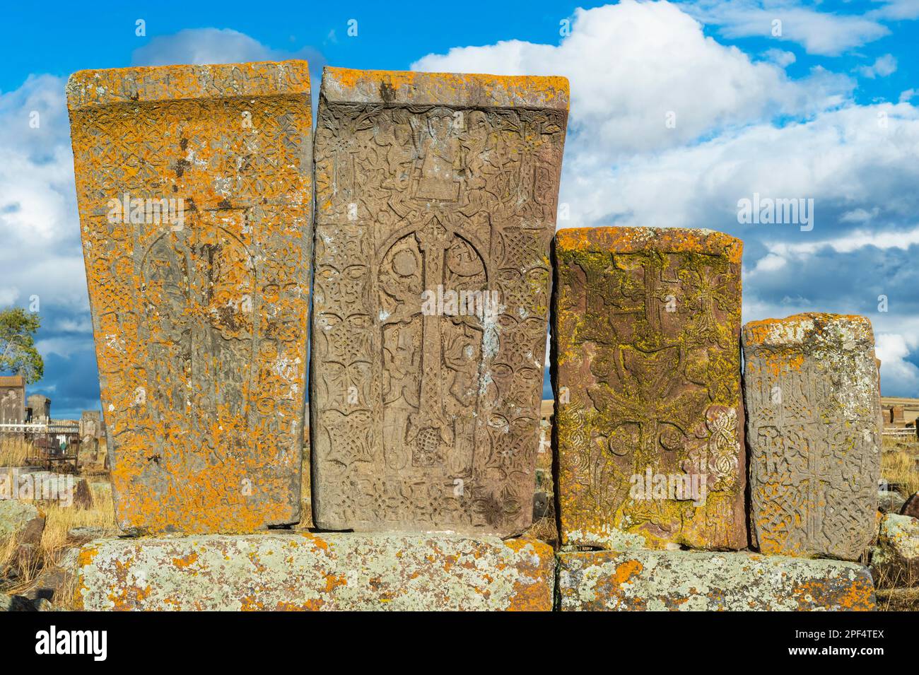 Medieval Khachkars carved memorial stele, Noratus cemetery, Lake Sevan ...