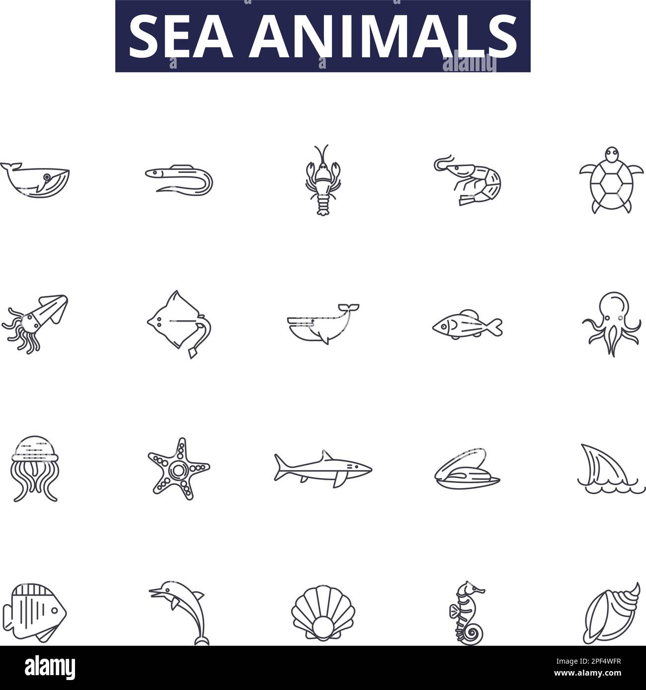 Sea animals line vector icons and signs. Sharks, Whales, Octopuses ...