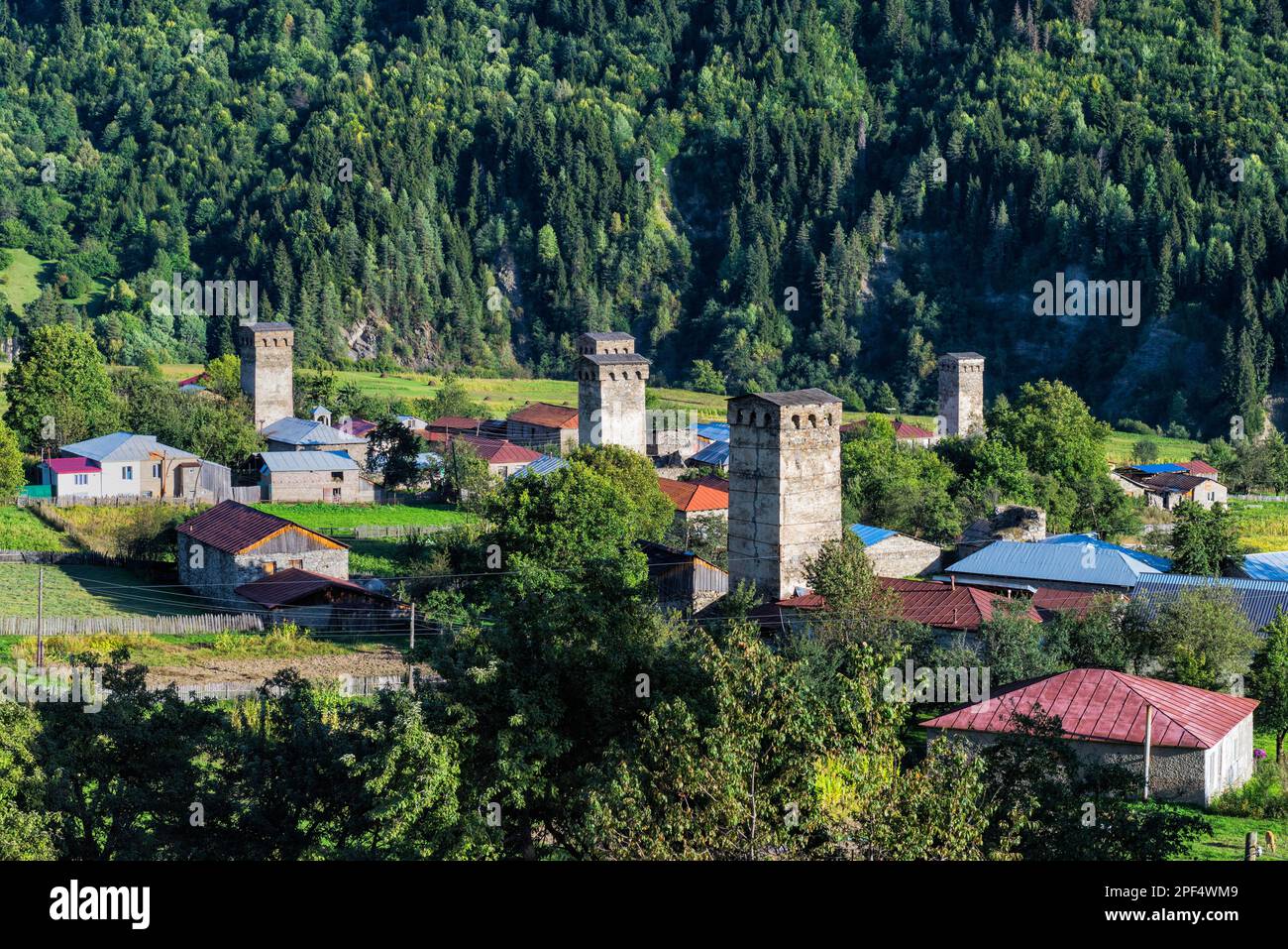 Traditional medieval Svaneti tower houses, Lashtkhveri village, Svaneti ...