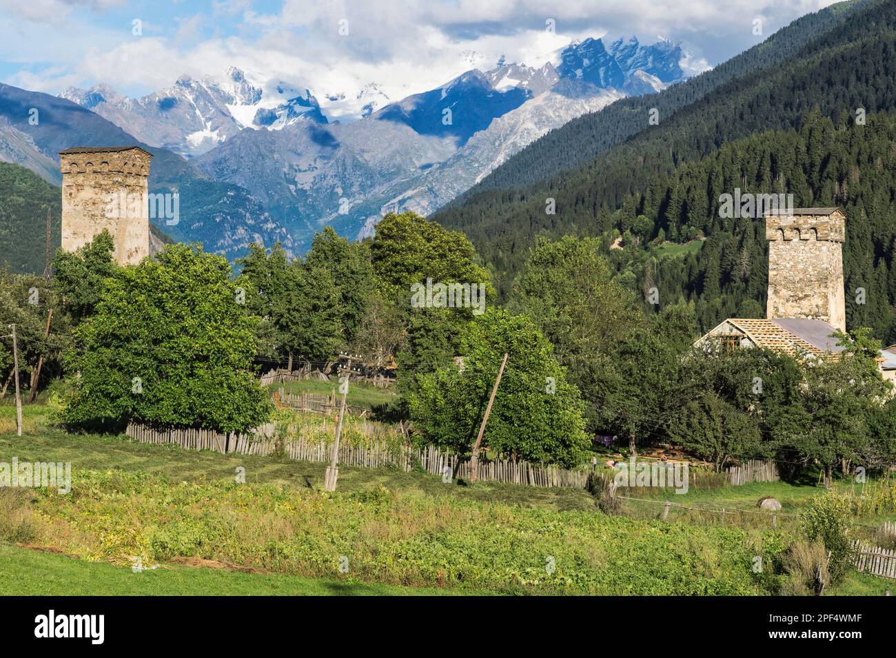 Traditional medieval Svaneti tower houses, Lashtkhveri village, Svaneti ...