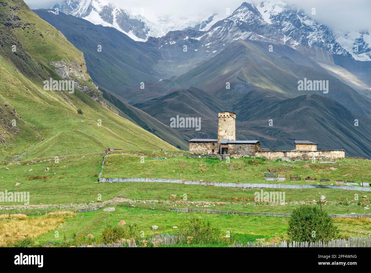 Traditional medieval Svaneti tower houses, Ushguli village, Shkhara ...