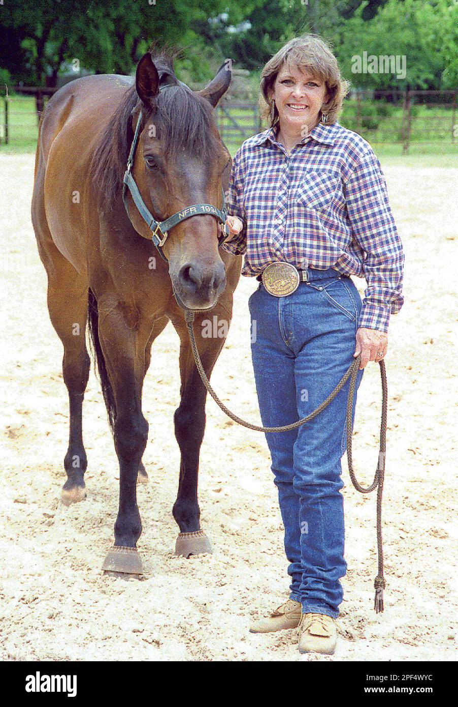 Champion barrel racer Deb Mohon is shown posing with her horse "Brown ...