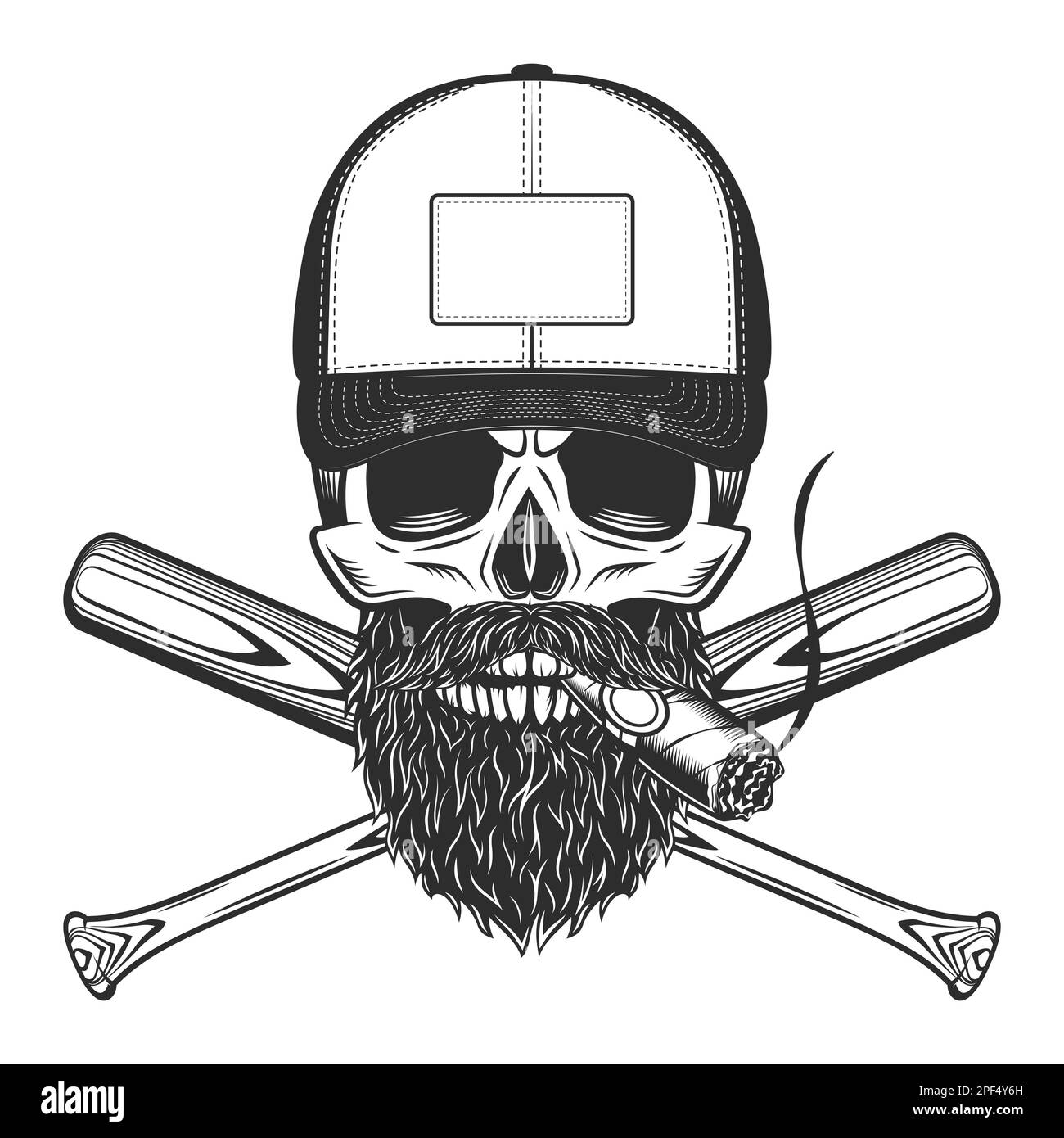 Skull smoking cigar or cigarette in cap with beard and mustache with ...