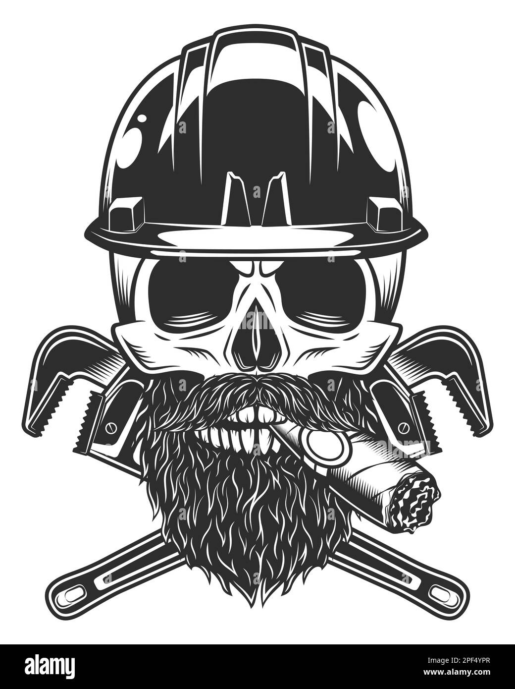 Skull smoking cigar or cigarette in helmet hard hat with mustache and ...