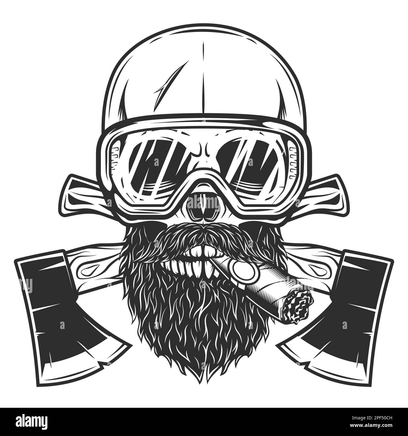 Skull smoking cigar or cigarette in safety glasses with mustache and ...