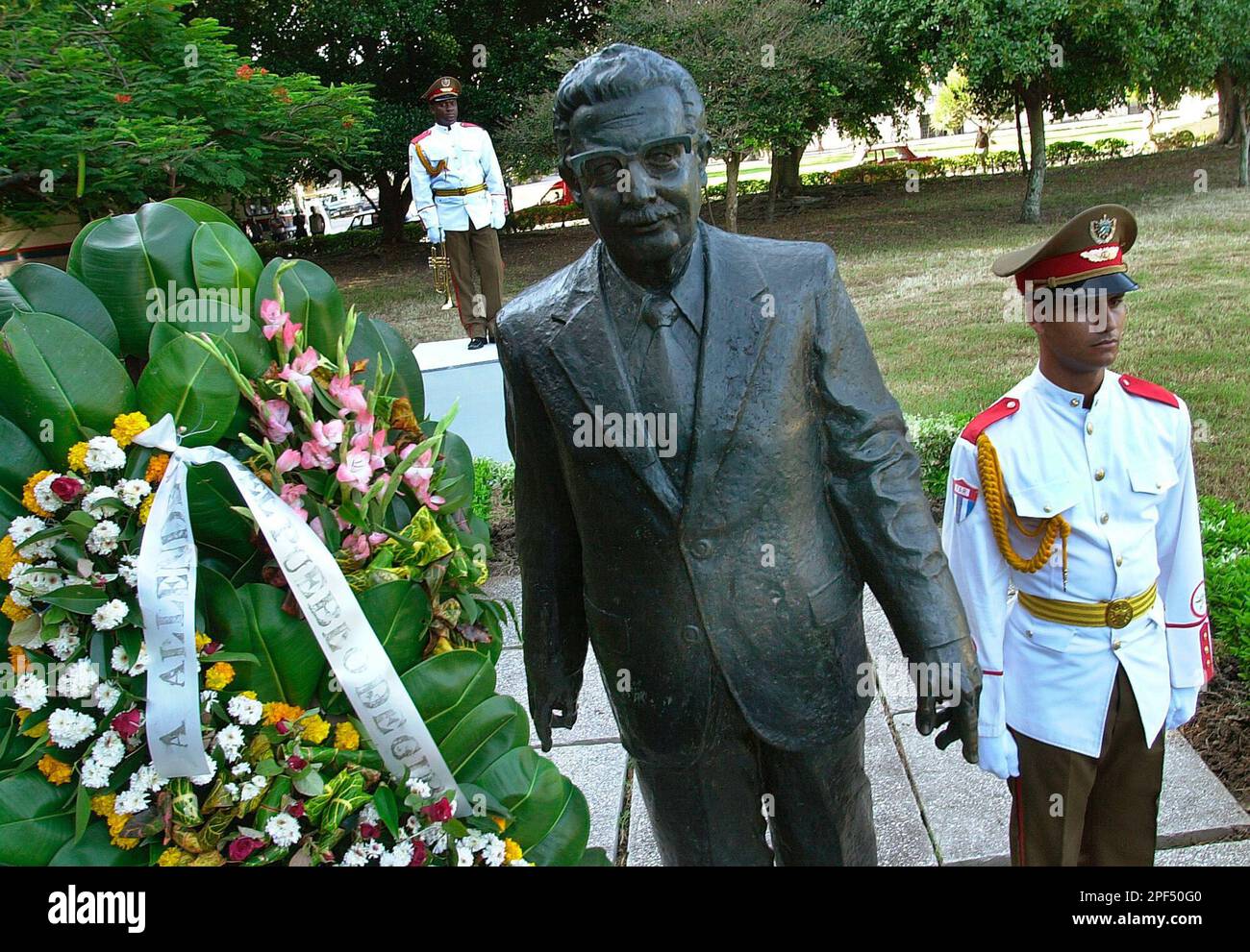 Cuban soldiers guard a sculpture of former President of Chile Salvador ...