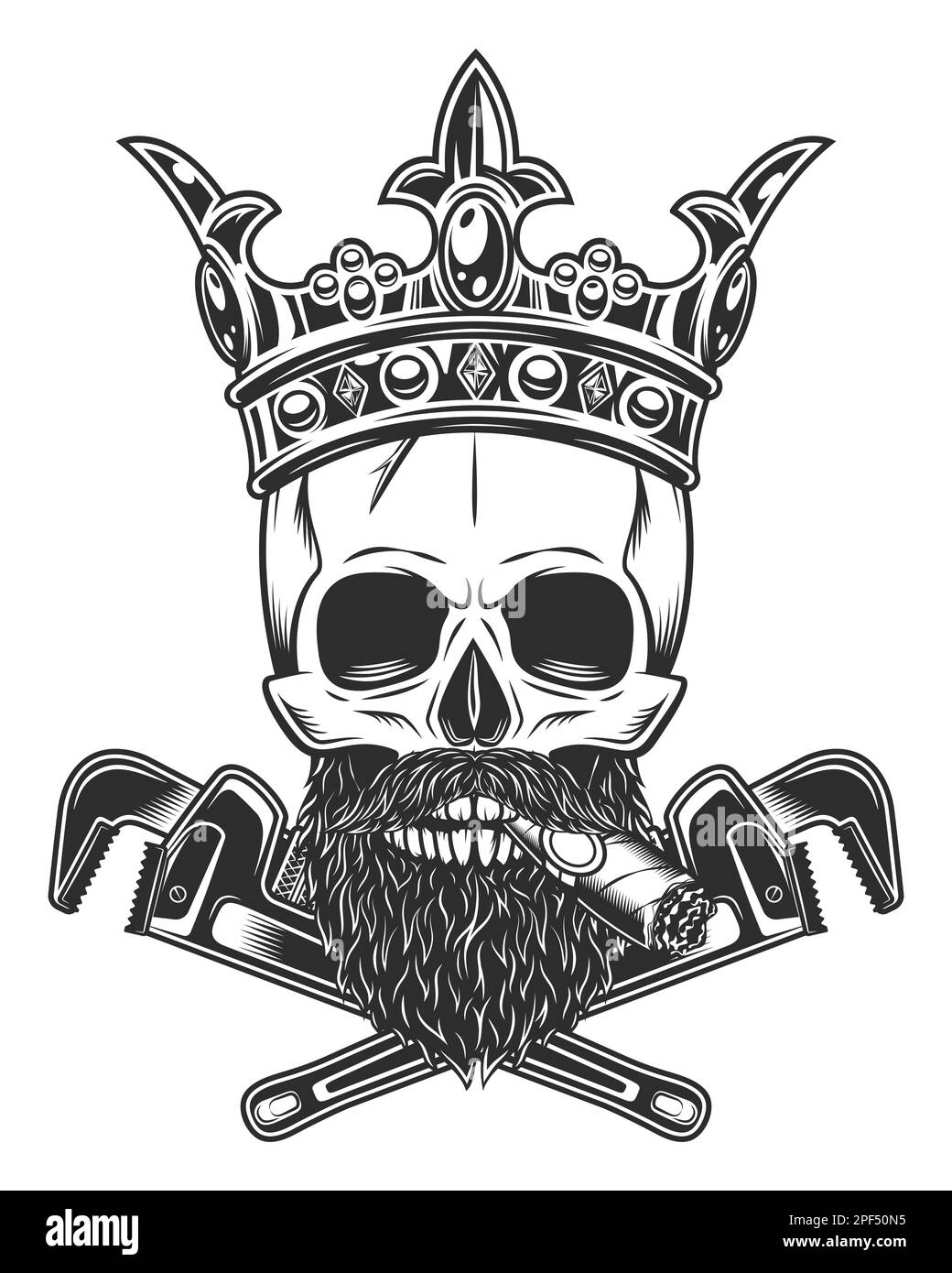 King skull smoking cigar or cigarette in crown with mustache and beard ...