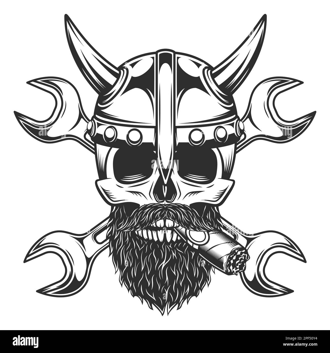 Viking skull smoking cigar or cigarette with mustache with beard in ...