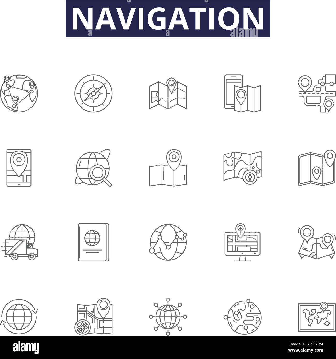 Navigation line vector icons and signs. Guiding, Steering, Course, Charting, Mapping, Piloting ...