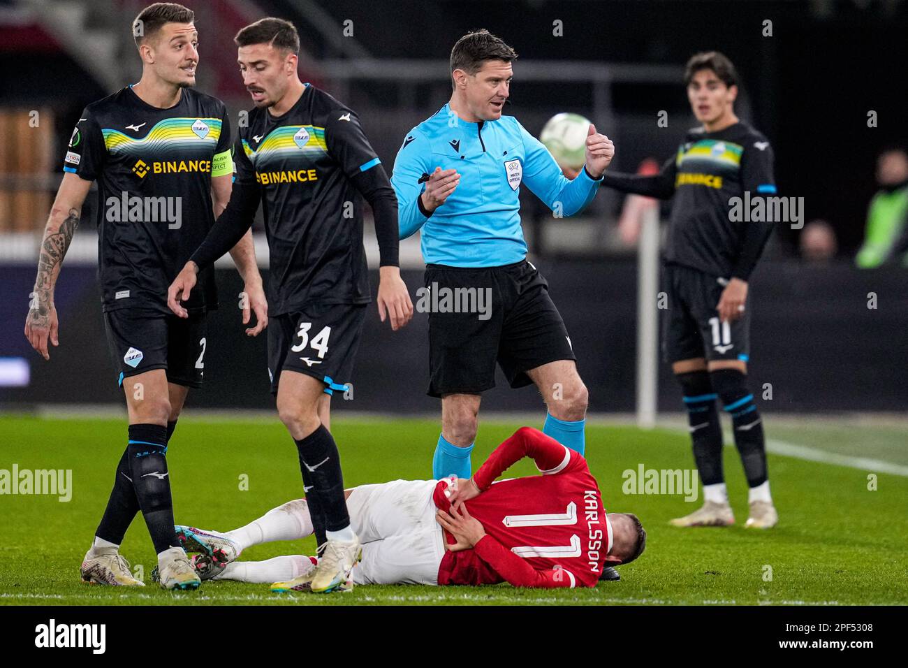 ALKMAAR, NETHERLANDS - MARCH 16: Jesper Karlsson of AZ Alkmaar, referee Matej Jug during the ...