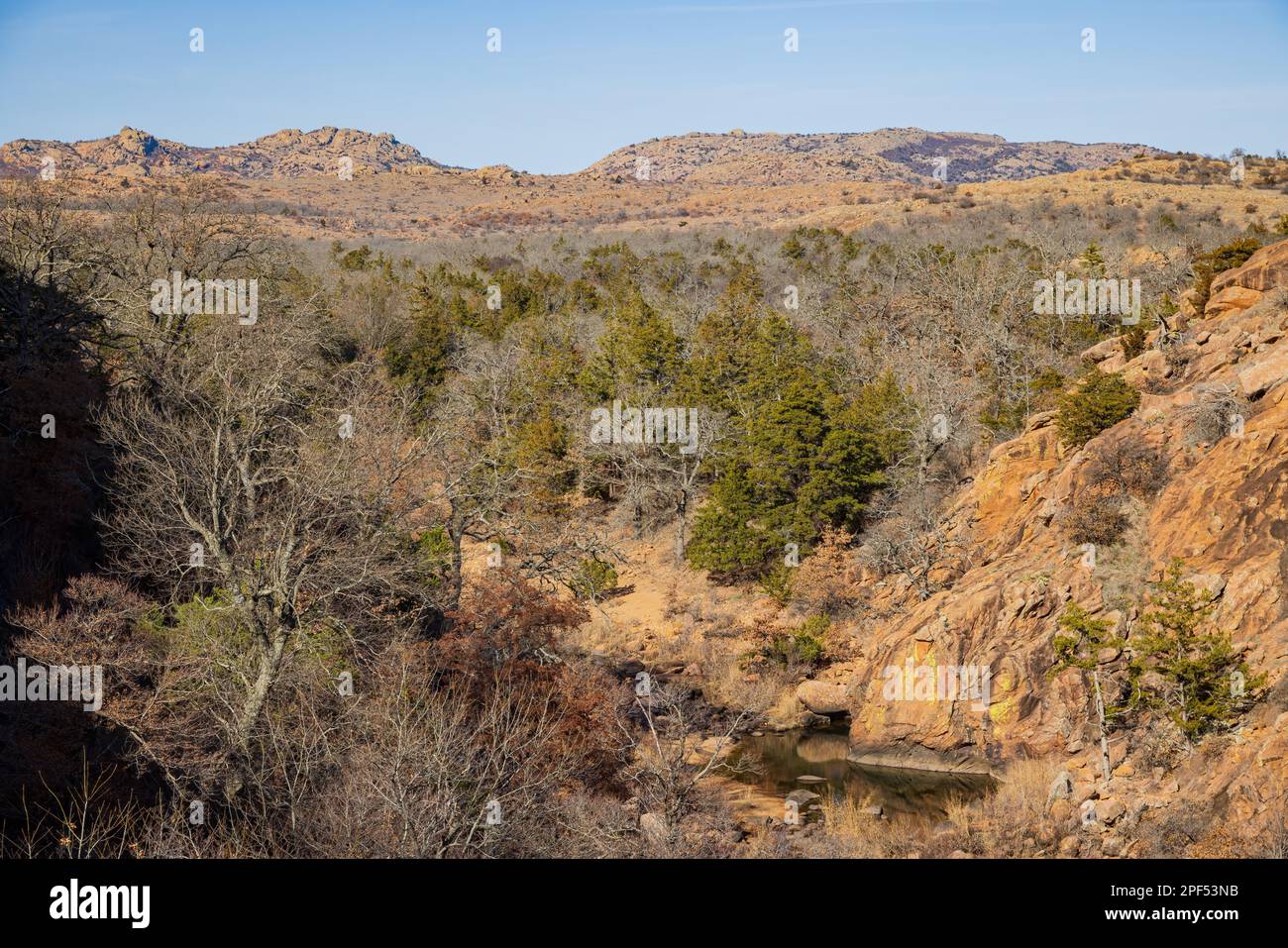 Sunny view of hiking in the Narrows Trail of Wichita Mountains National ...