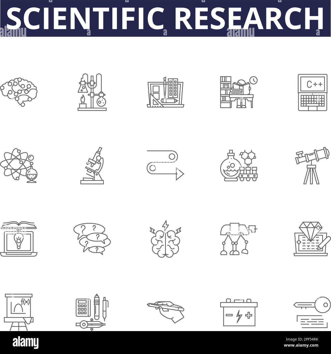 Scientific research line vector icons and signs. Experiments, Discovery, Study, Analysis ...