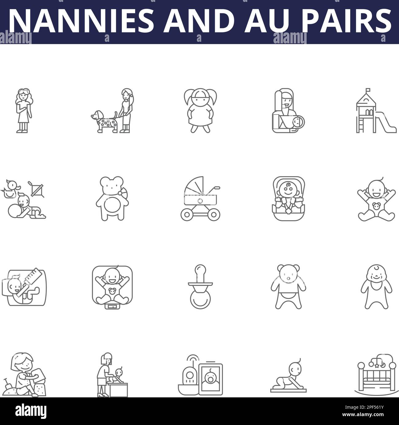 Nannies and au pairs line vector icons and signs. nanny, family, cute ...