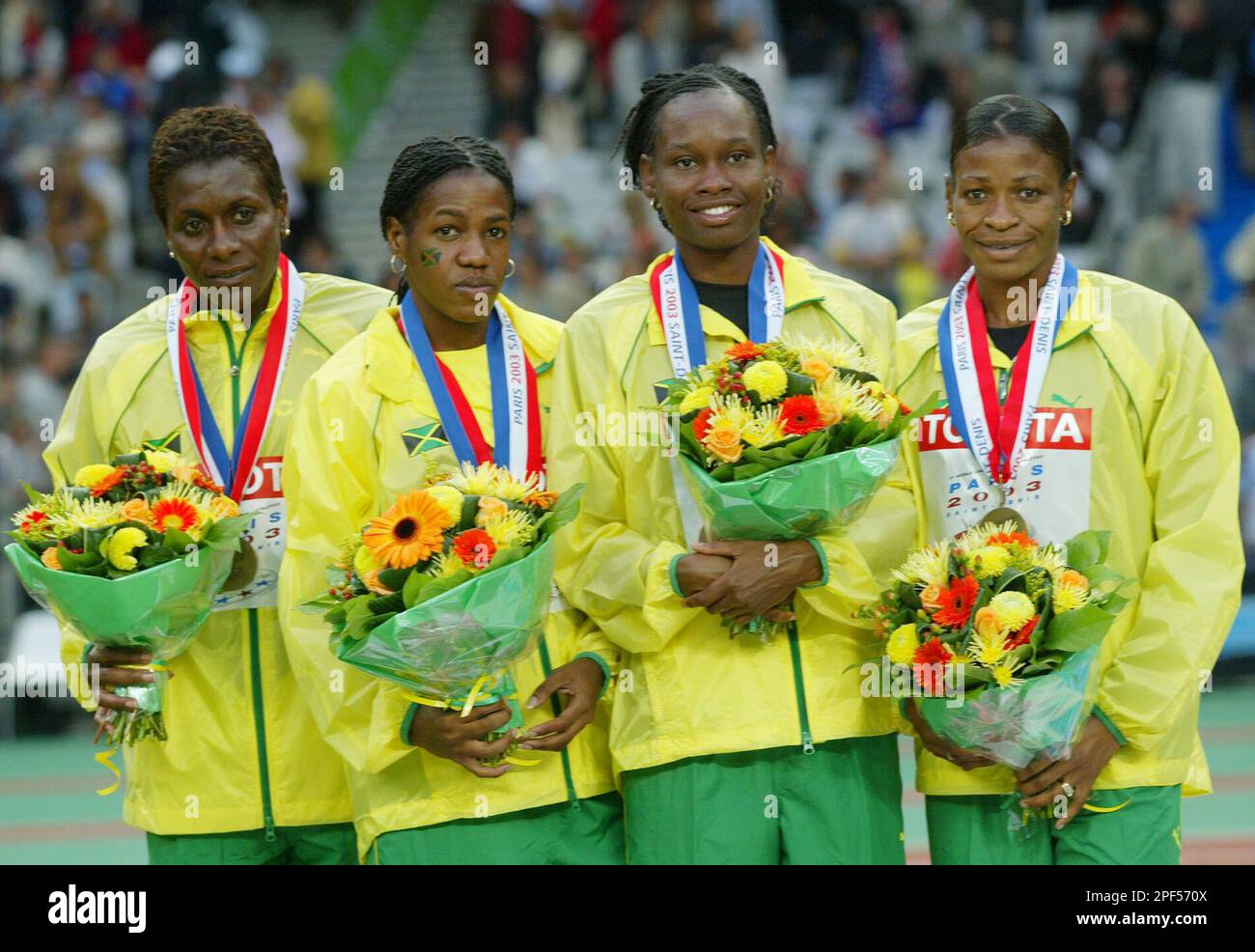 The Jamaican Women's 4x400-meter relay team of Lorraine Fenton, Ronette ...
