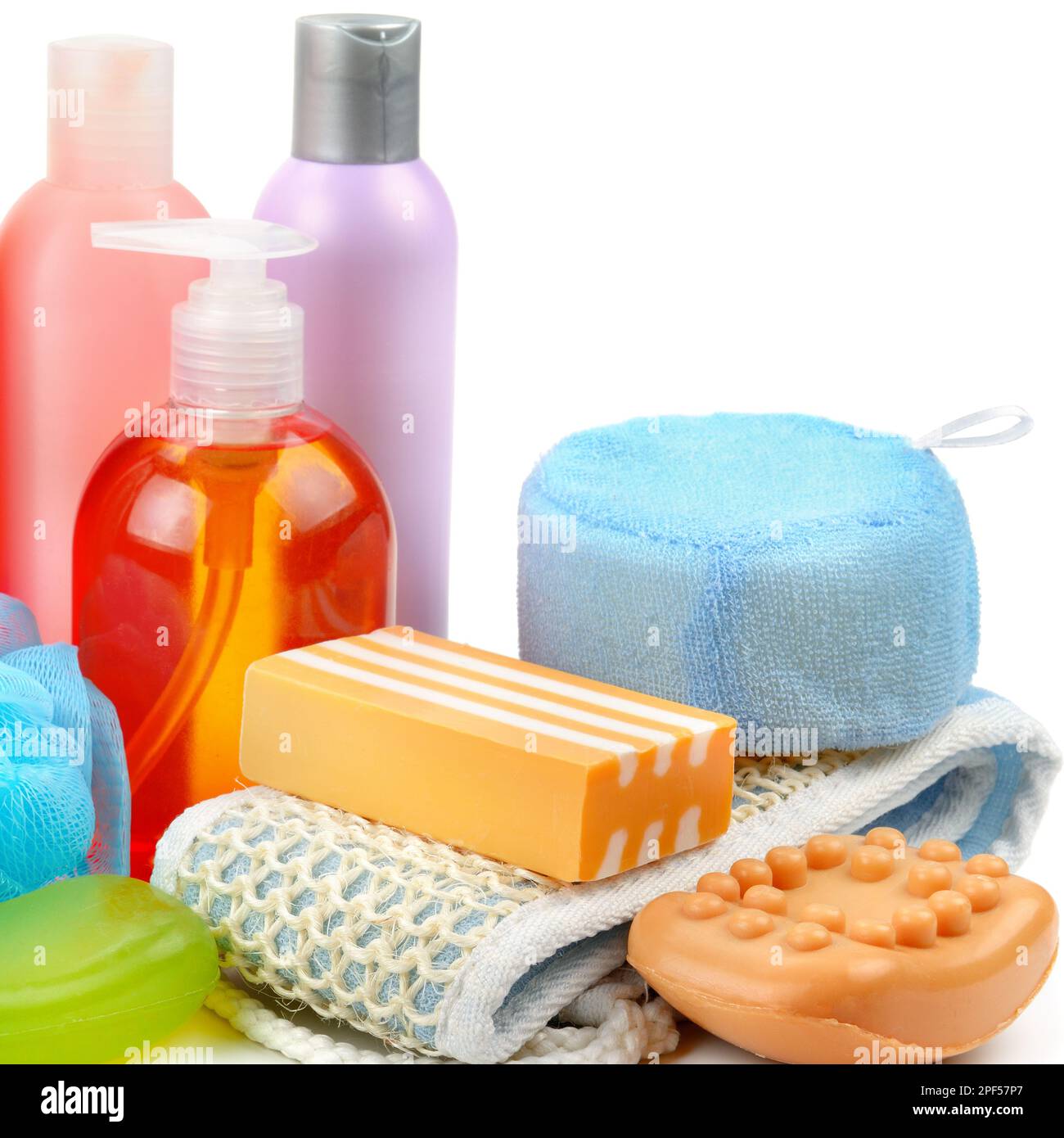 Shampoo, soap and bath sponge isolated on white background. Assortment ...