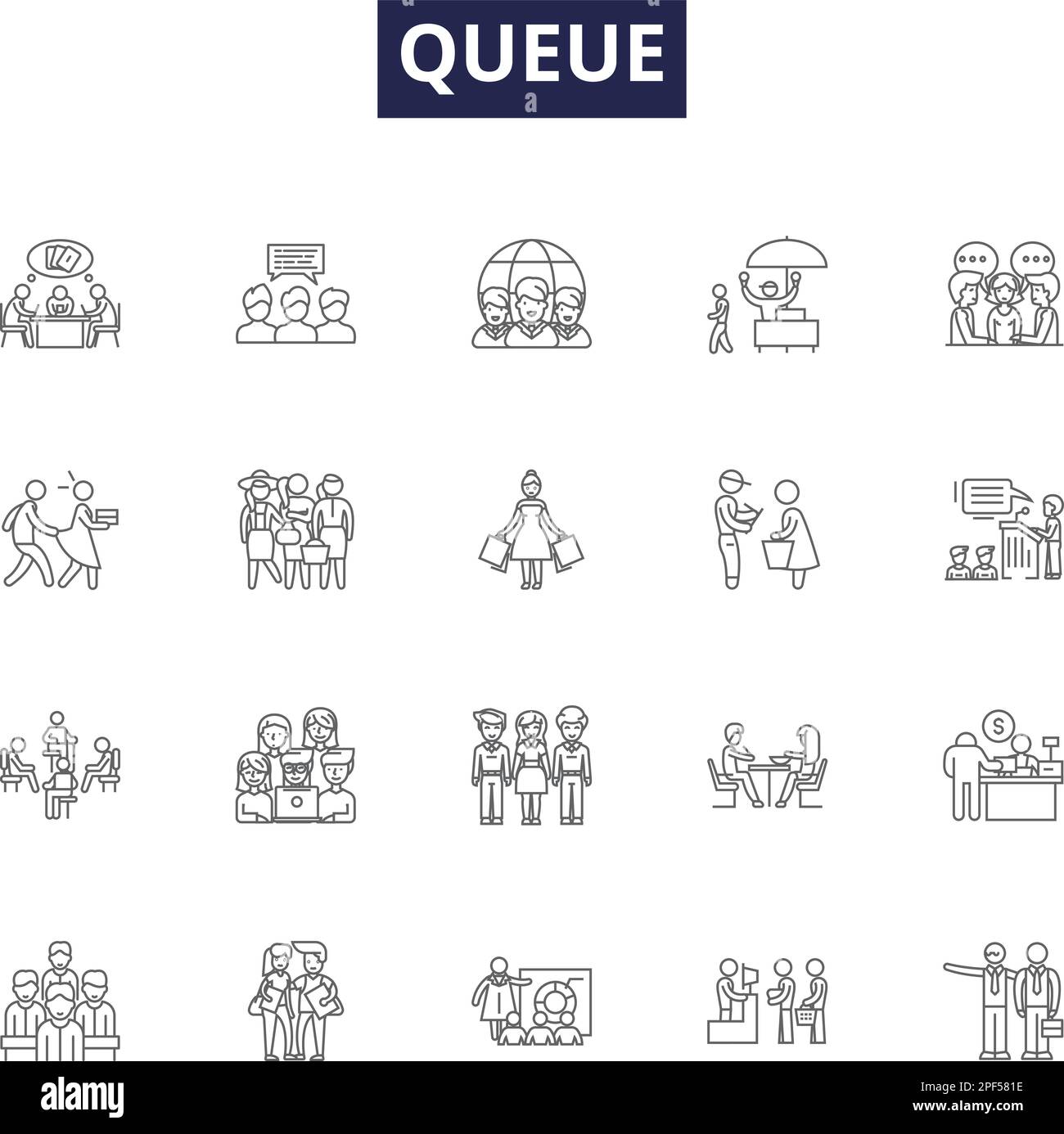 Queue line vector icons and signs. Wait, , Row, FIFO, Process, Priority ...