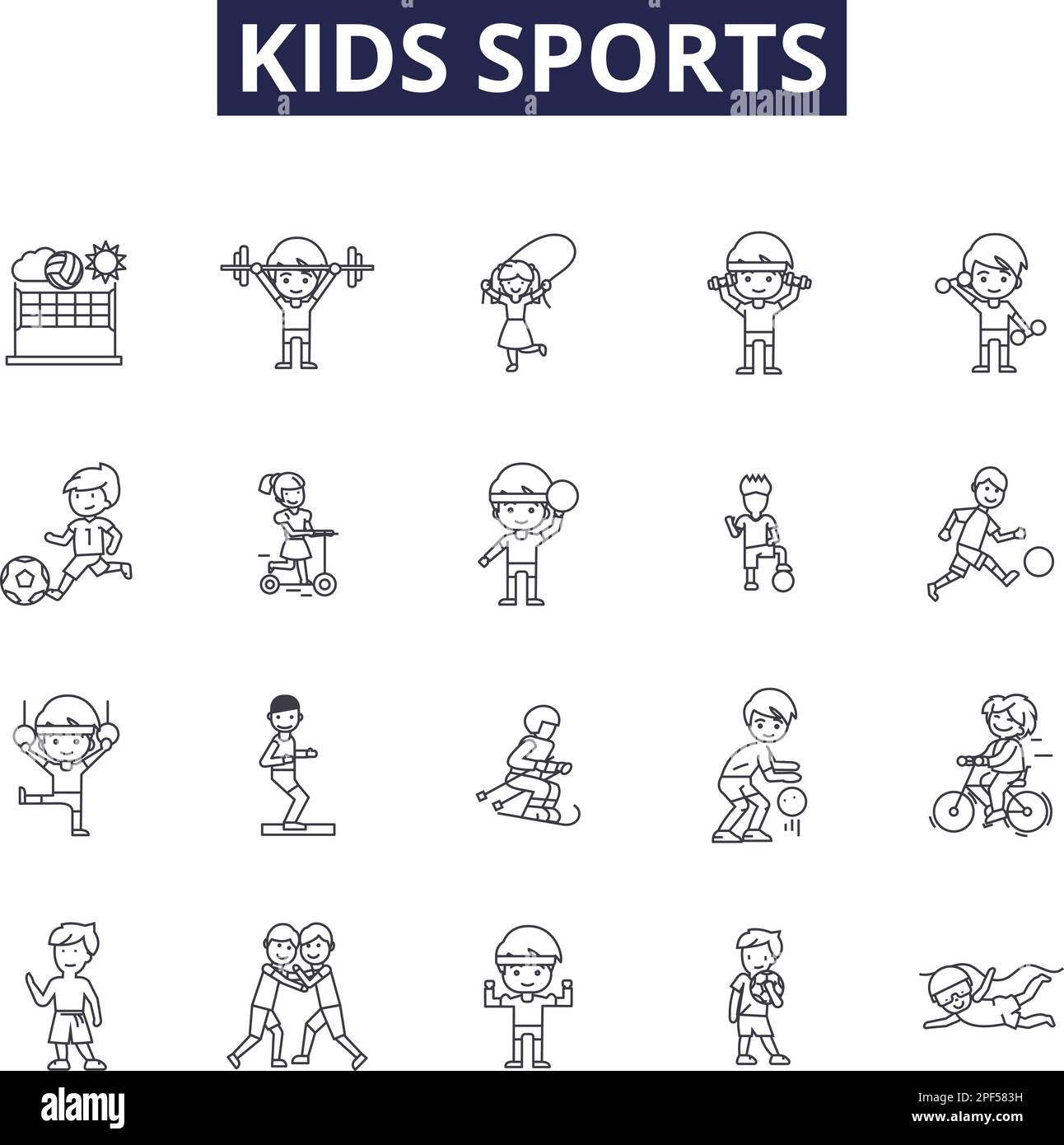 Kids sports line vector icons and signs. Baseball, Basketball, Soccer ...