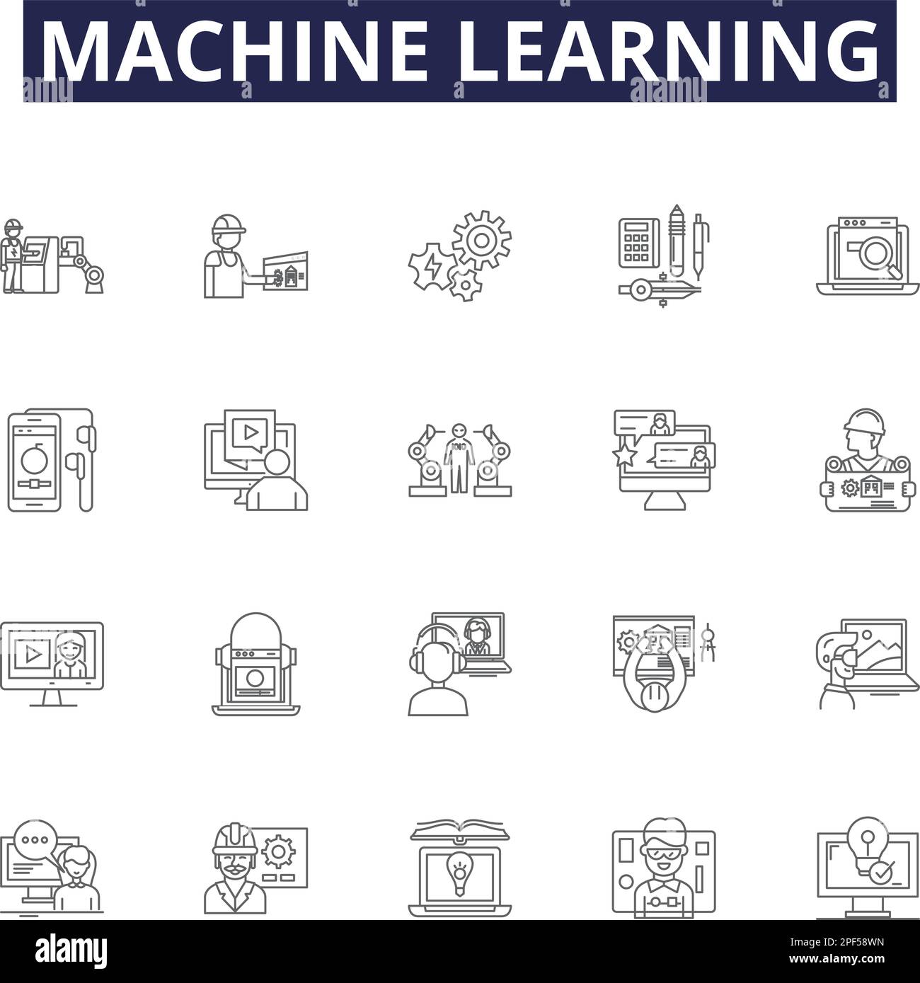 Machine learning line vector icons and signs. technology, intelligence ...