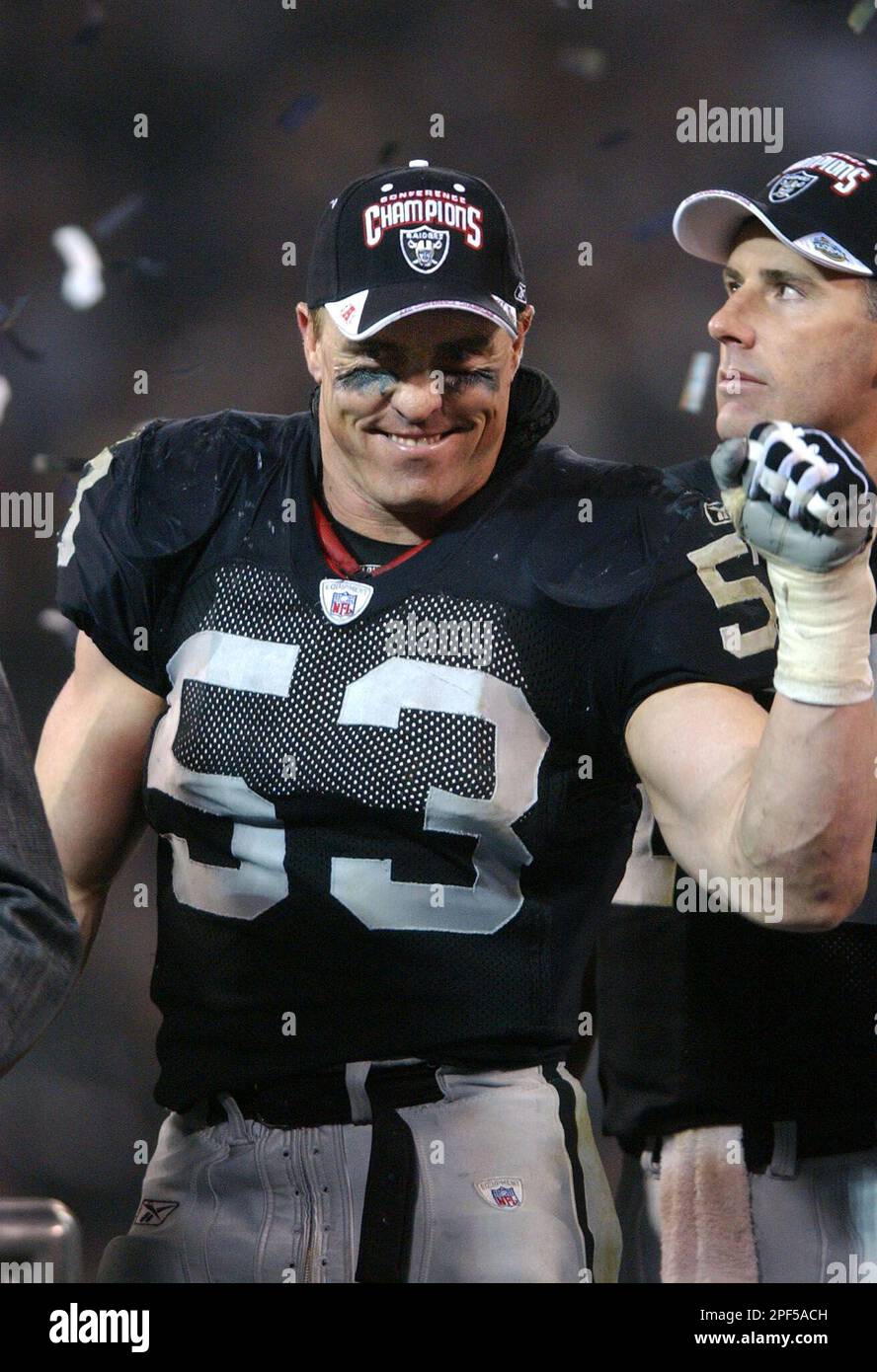 Oakland Raiders linebacker Bill Romanowski (53) is shown Jan. 19, 2003 ...