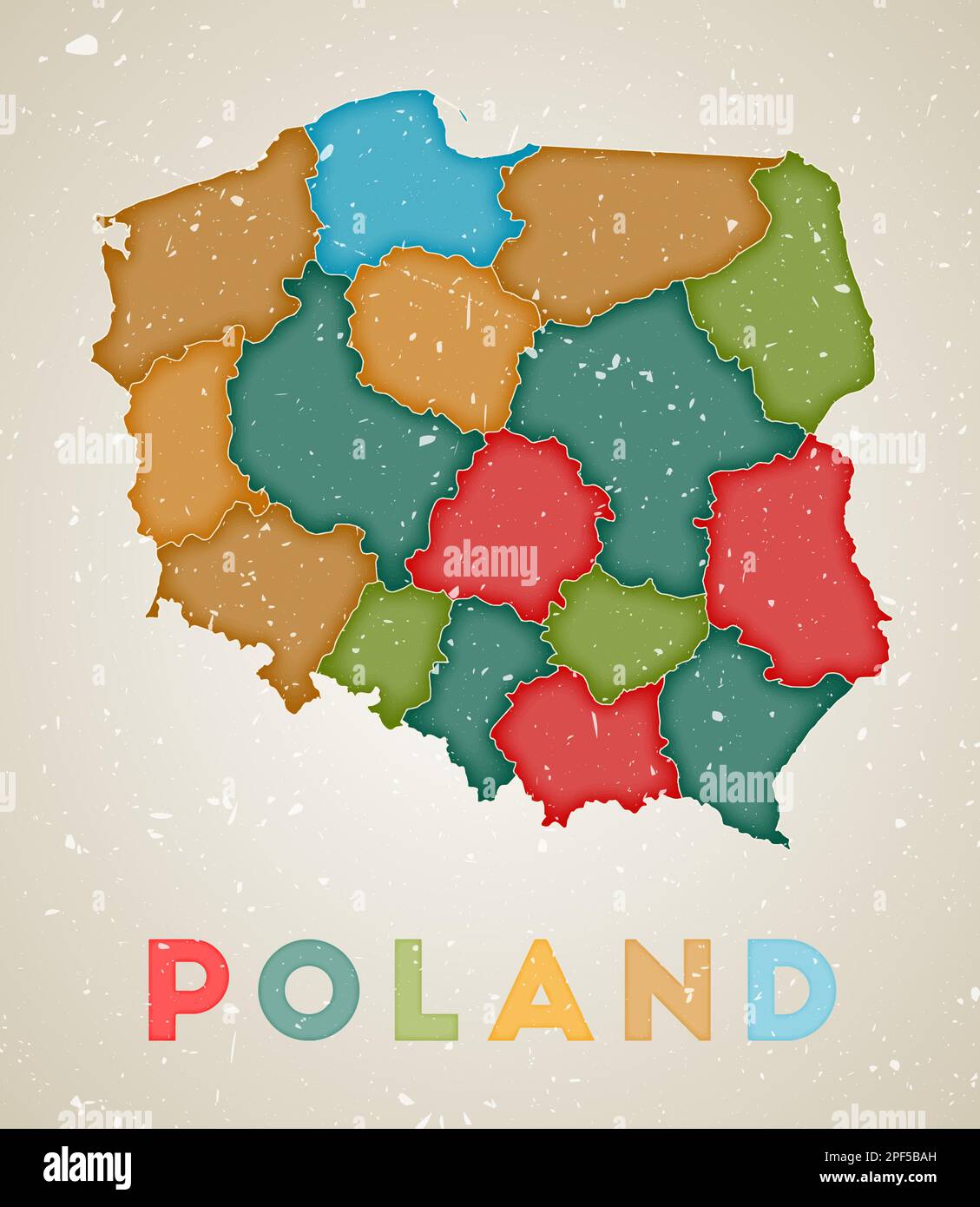 Poland map. Country poster with colored regions. Old grunge texture ...