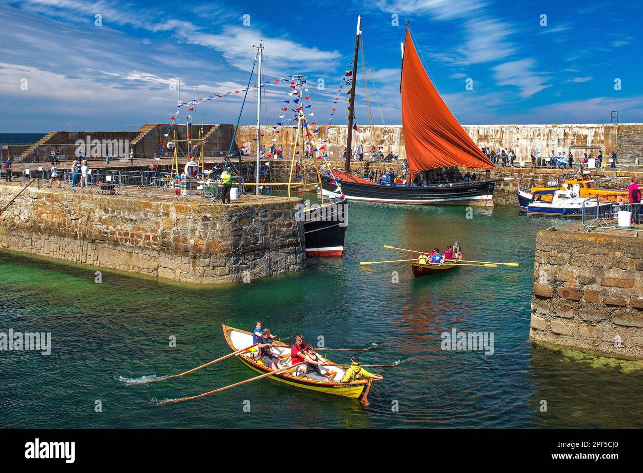 View of the traditional boat festival in Portsoy, Moray Firth ...