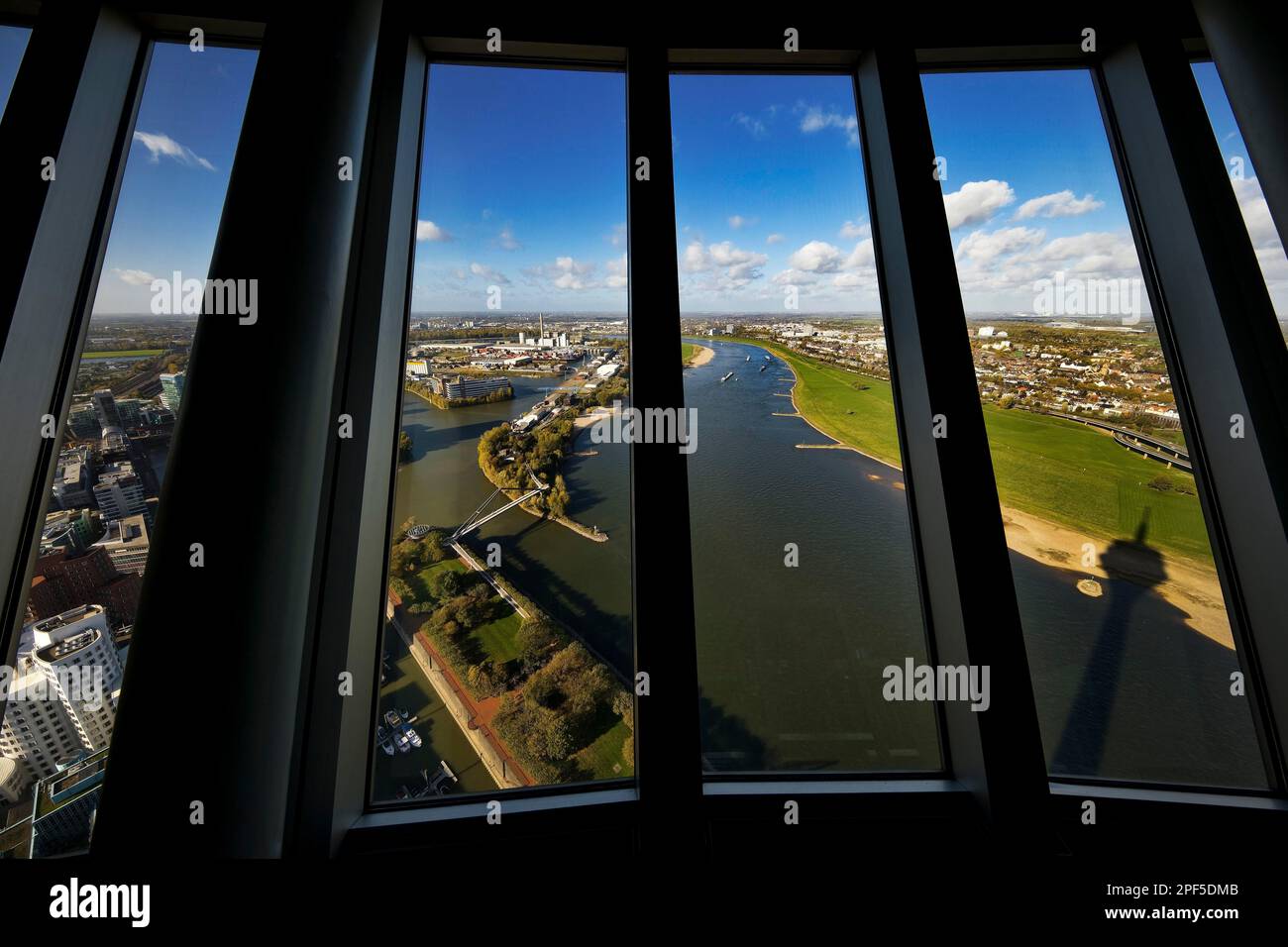 View of the Rhine from a window of the Rheinturm, Duesseldorf, North ...