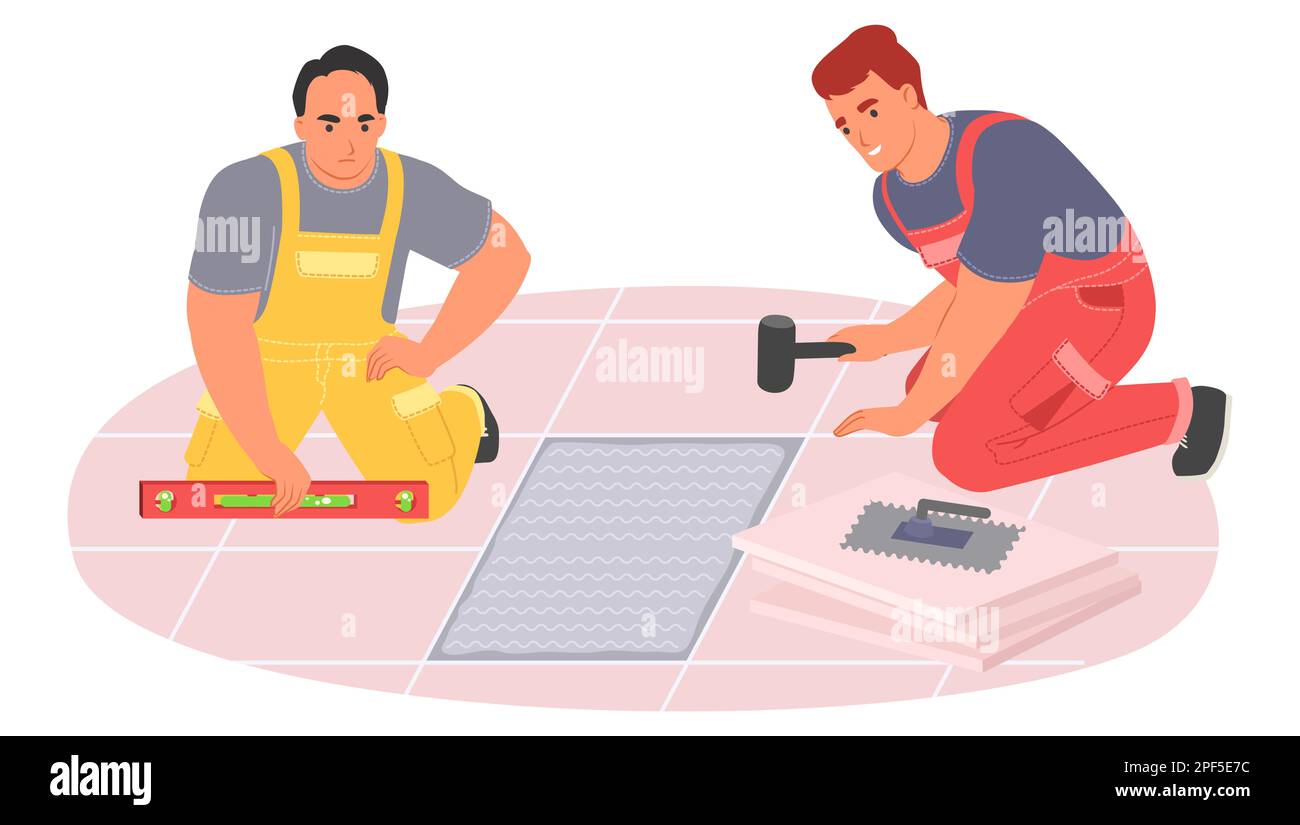 Male expert tiler worker making floor vector illustration Stock Vector ...