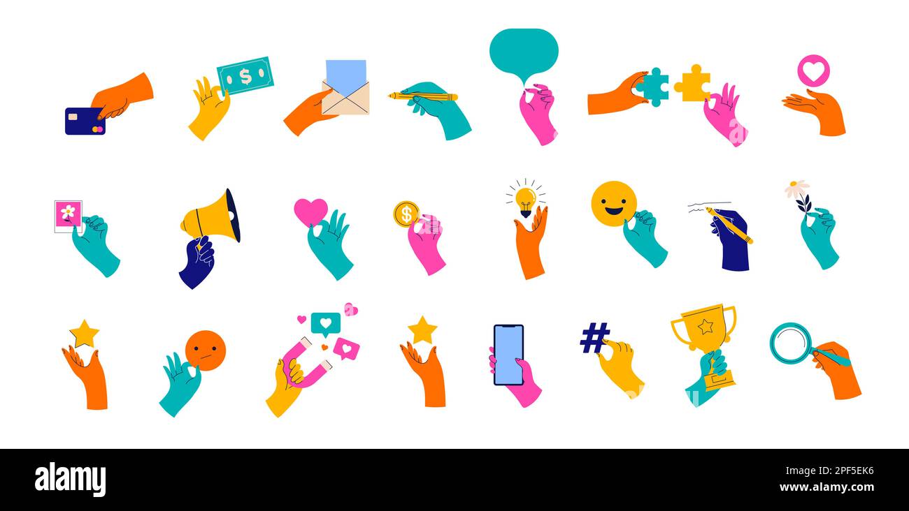 Collection of colorful Hands holding stuff. Money, jigsaw, social media ...