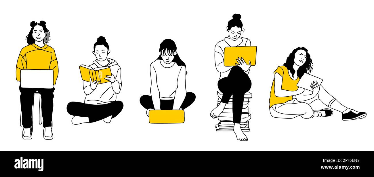 Linear vector illustration set of education girls Stock Vector Image ...