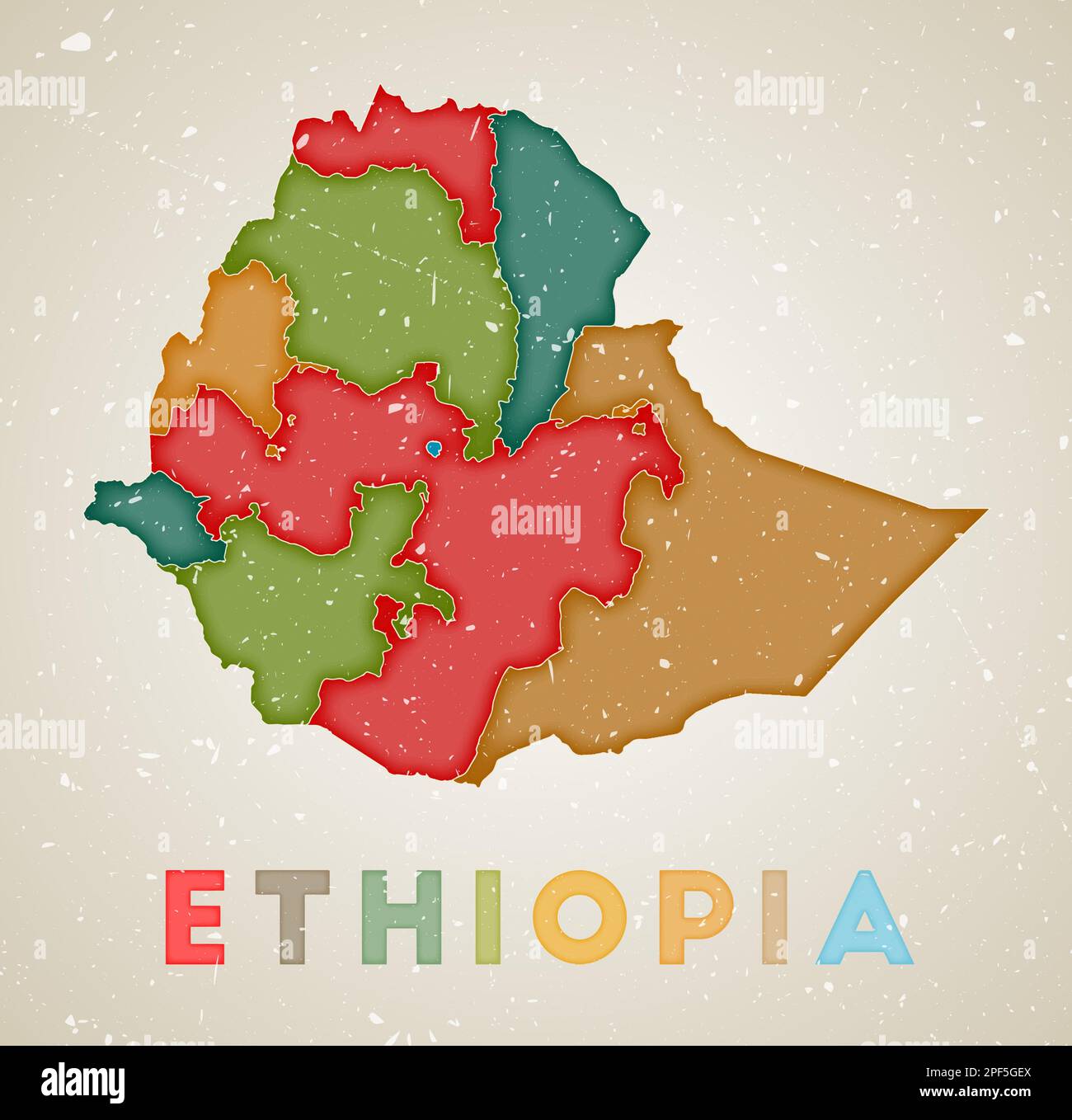 Ethiopia map. Country poster with colored regions. Old grunge texture ...