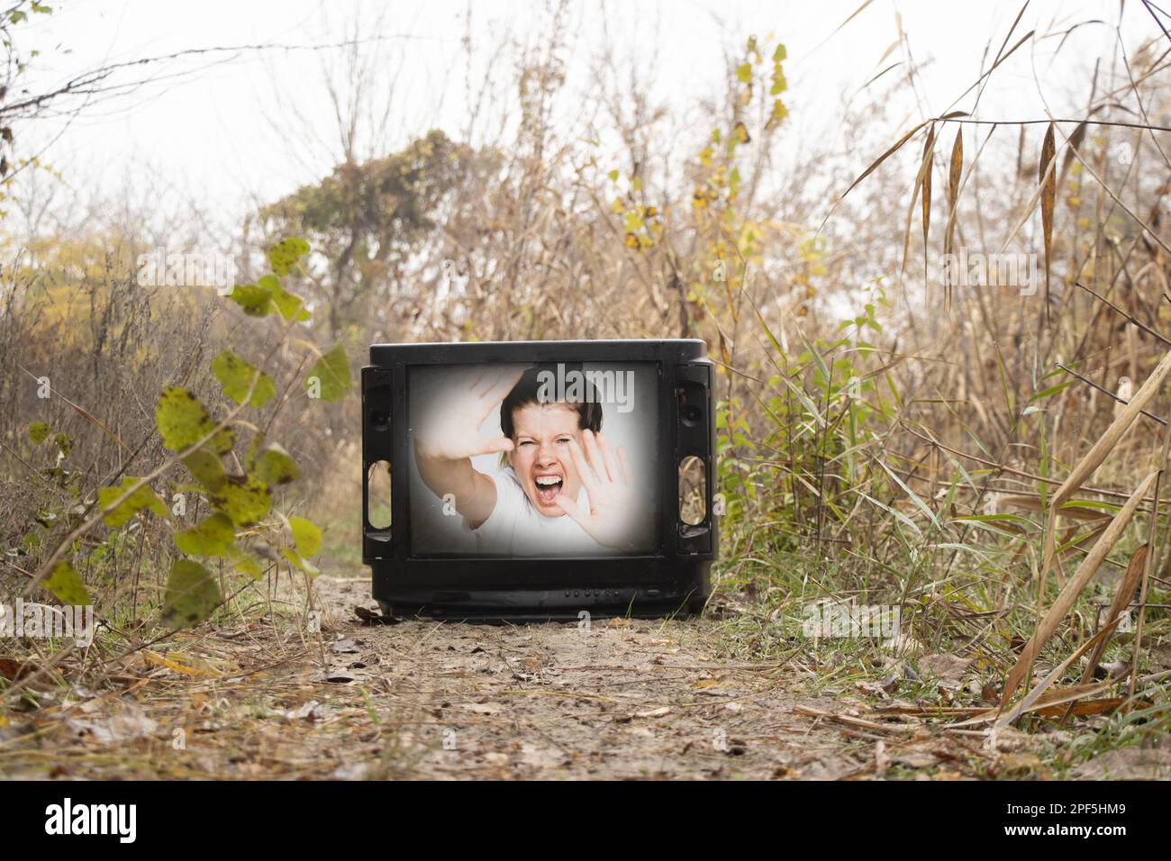 The girl screams from the screen of an old broken TV in the forest ...