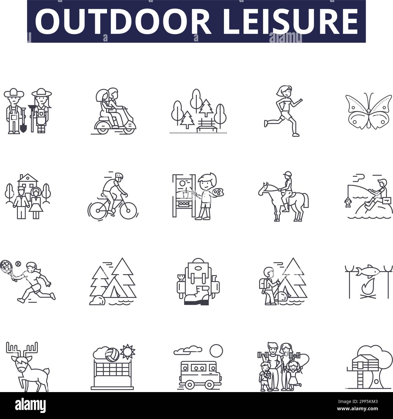 Outdoor leisure line vector icons and signs. camping, kayaking, biking ...