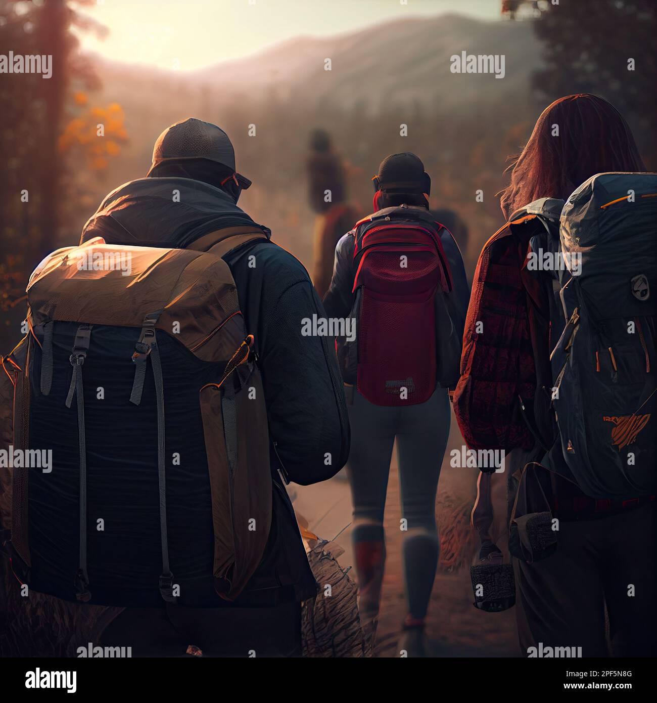 two people with backpacks walking down a path in the woods, one is ...