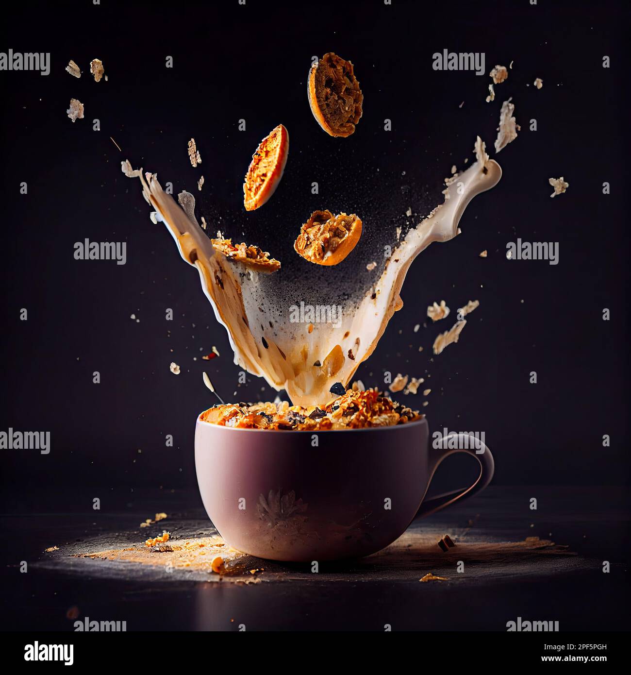some cereal falling into a cup filled with milk and other food items in ...