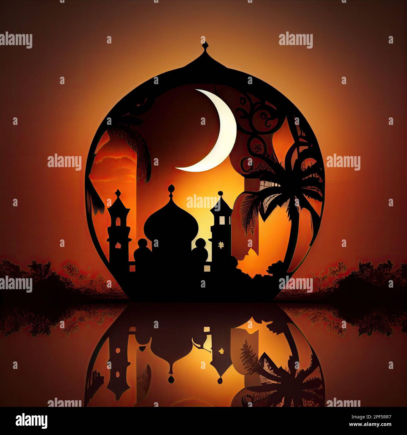 an islamic mosque at sunset with palm trees and the moon in the middle ...