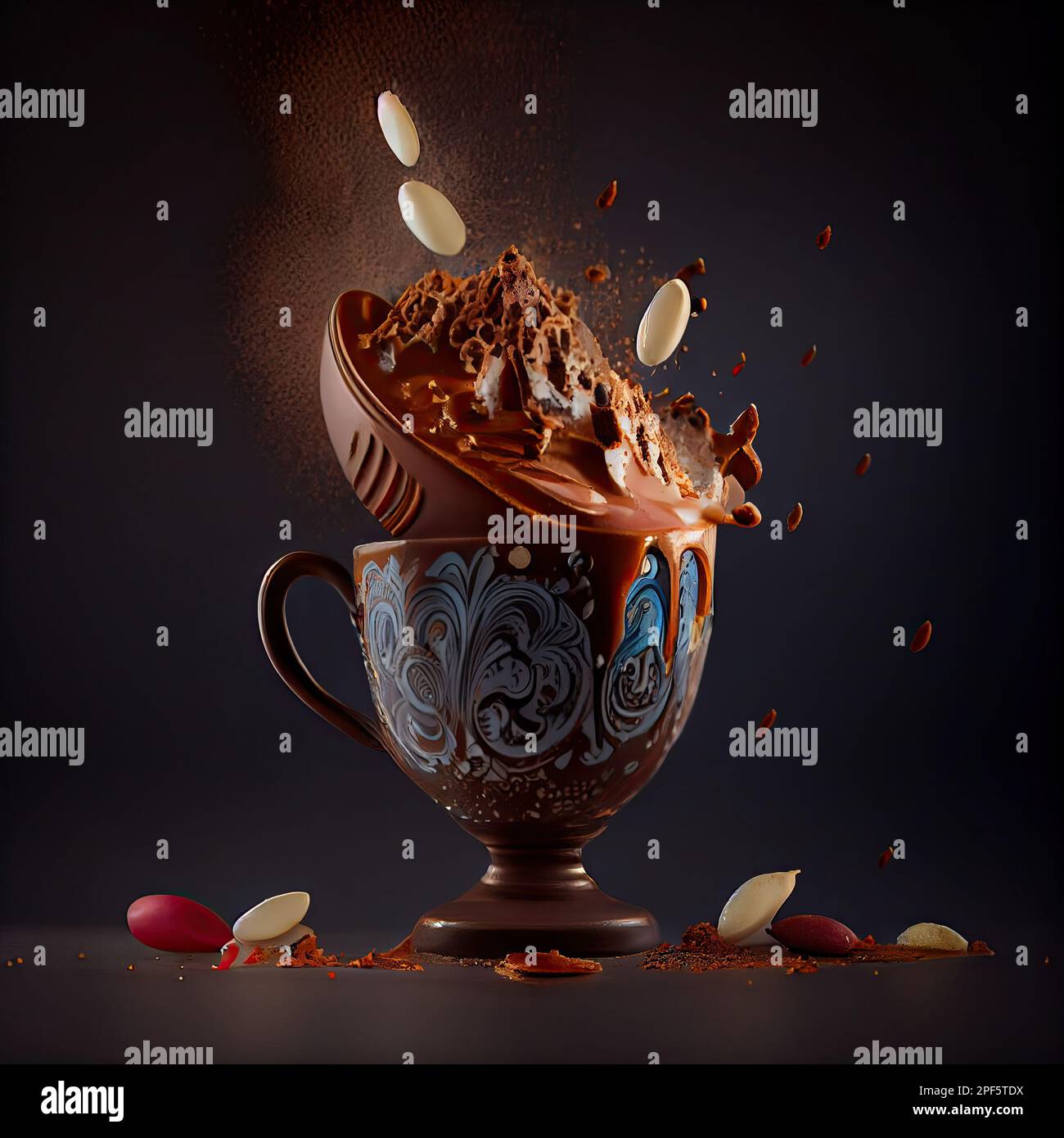 chocolate splashing out of a tea cup on a dark background with ...