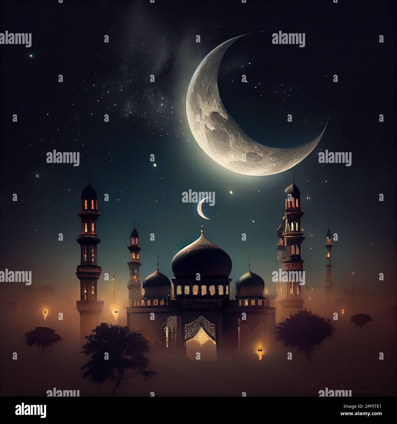 an islamic mosque at night with the moon in the sky and some buildings ...