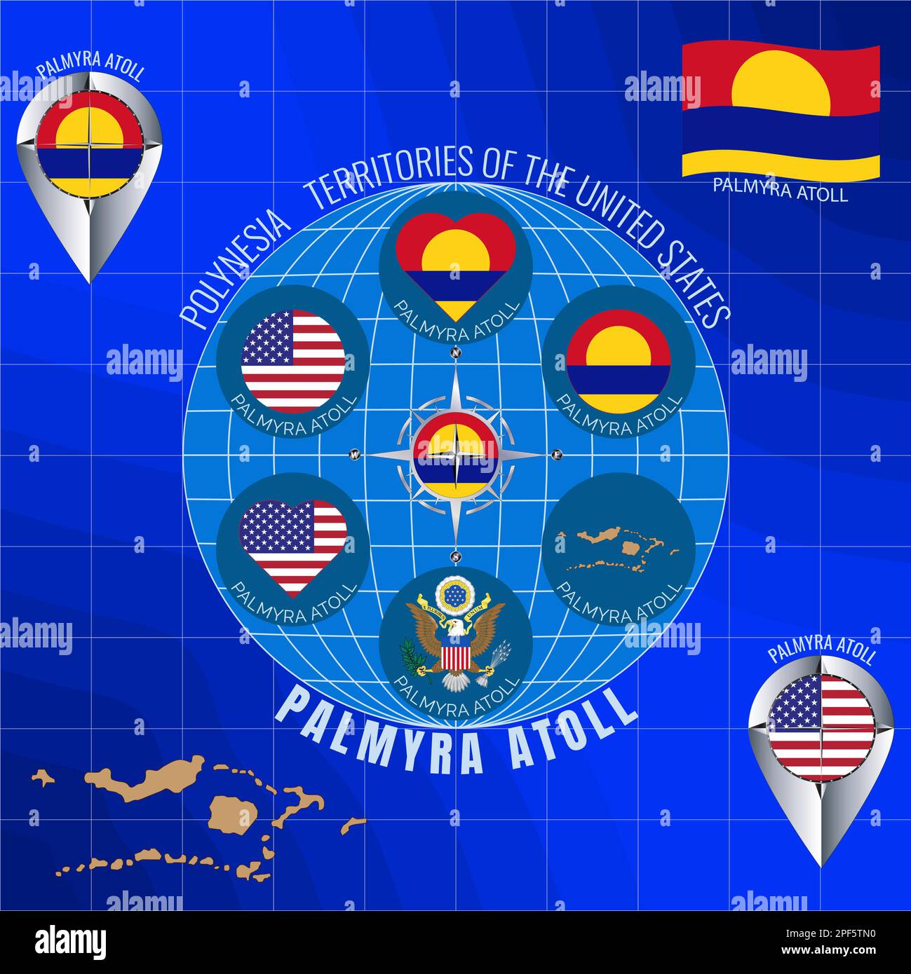 Set of illustrations of PALMYRA ATOLL flag, contour map, icons. US ...