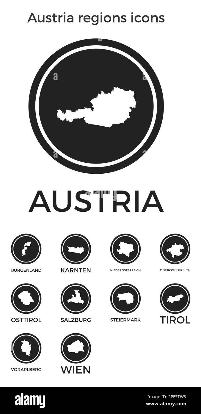 Austria regions icons. Black round logos with country regions maps and ...