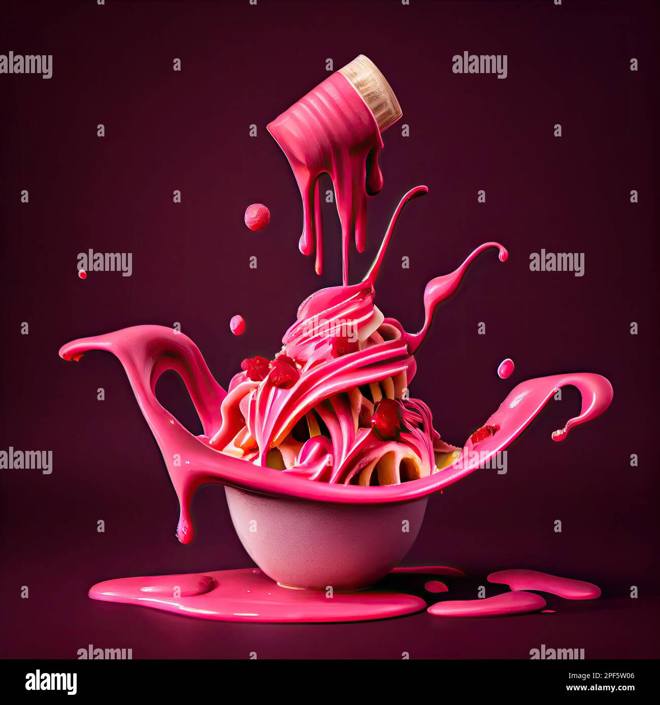 pink liquid pouring out from a teapot into a white bowl on a purple ...