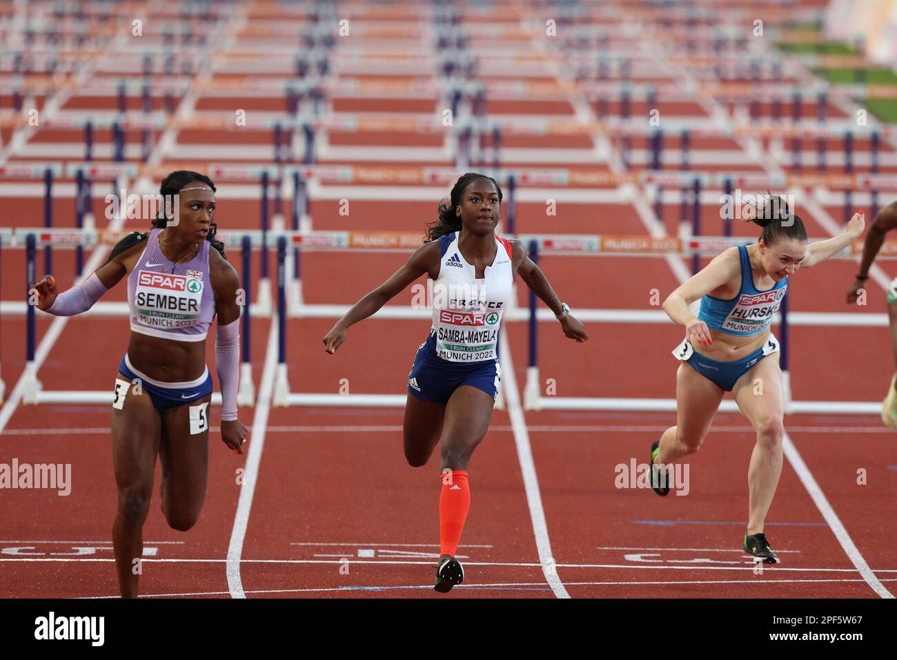 Cindy SEMBER, Cyréna SAMBA-MAYELA & Reetta HURSKE in the 100m Hurdles ...