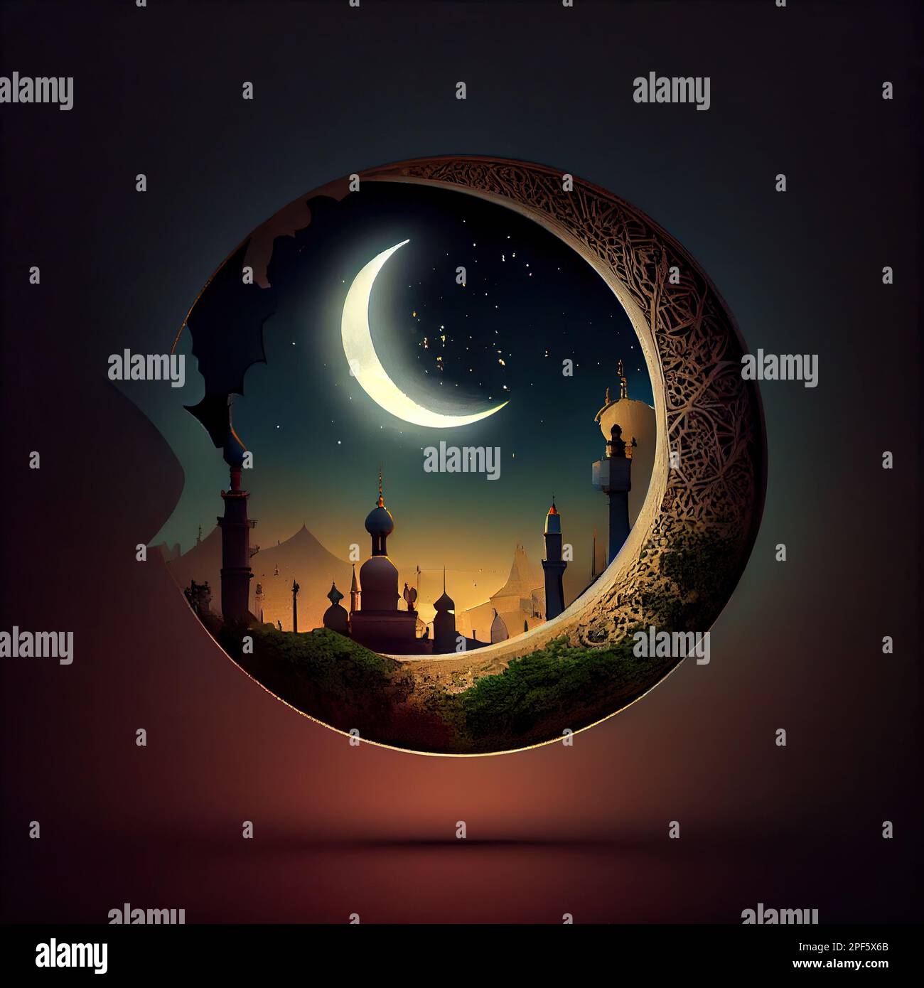 the moon and mosques in arabic style, with an illustration of mosques ...