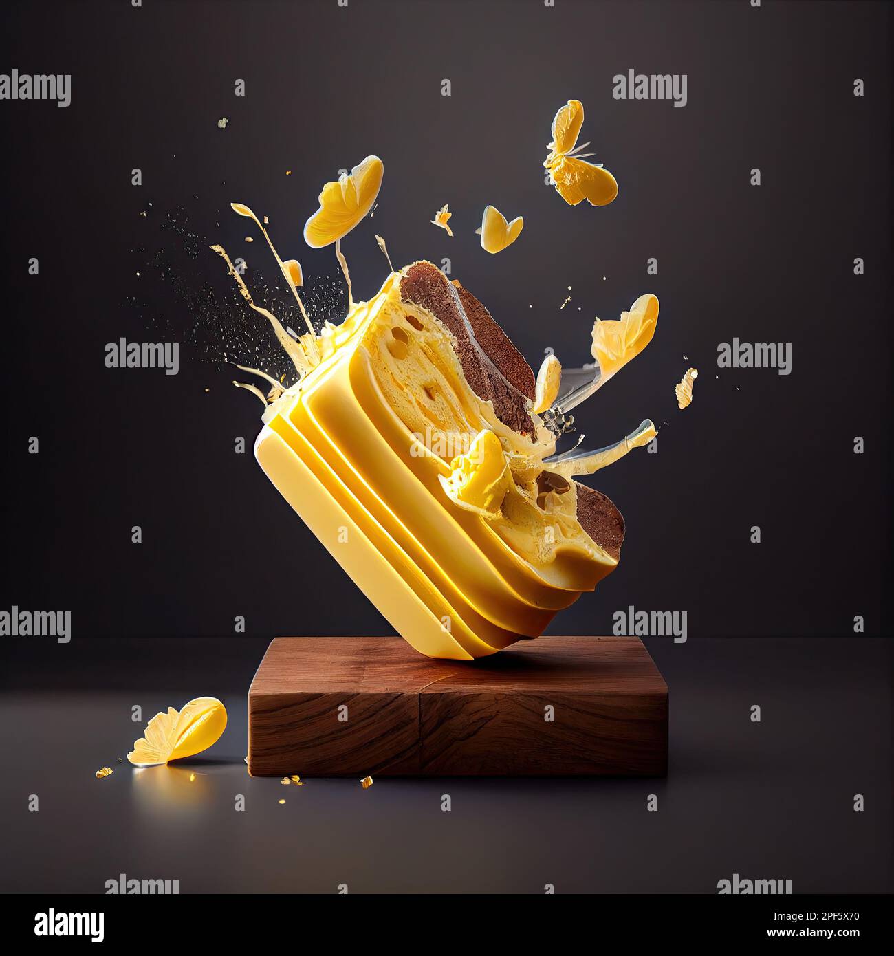 a piece of cake with splashing butter on it and some pieces falling ...