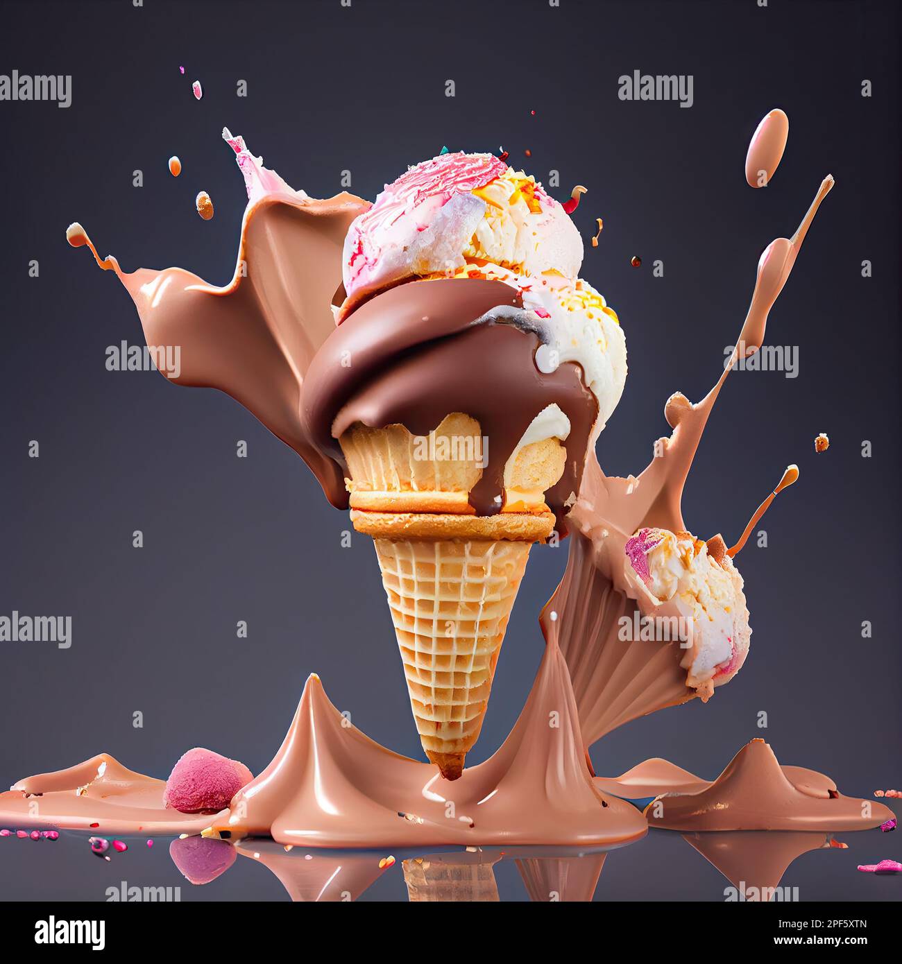 an ice cream cone with chocolate and sprincess on it, in the middle of ...