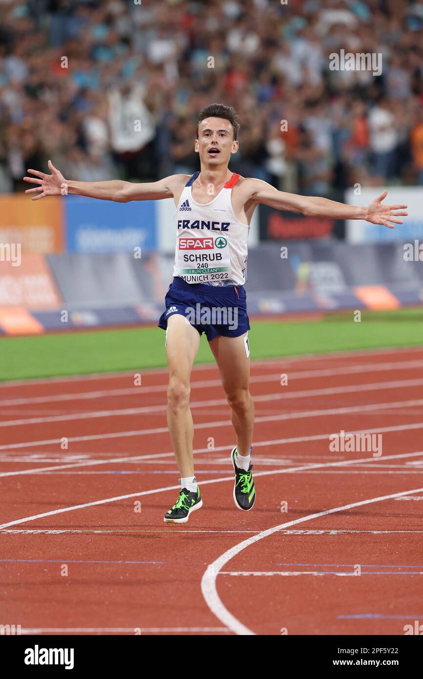Yann SCHRUB celebrating as he crosses the line to win the Bronze Medal ...