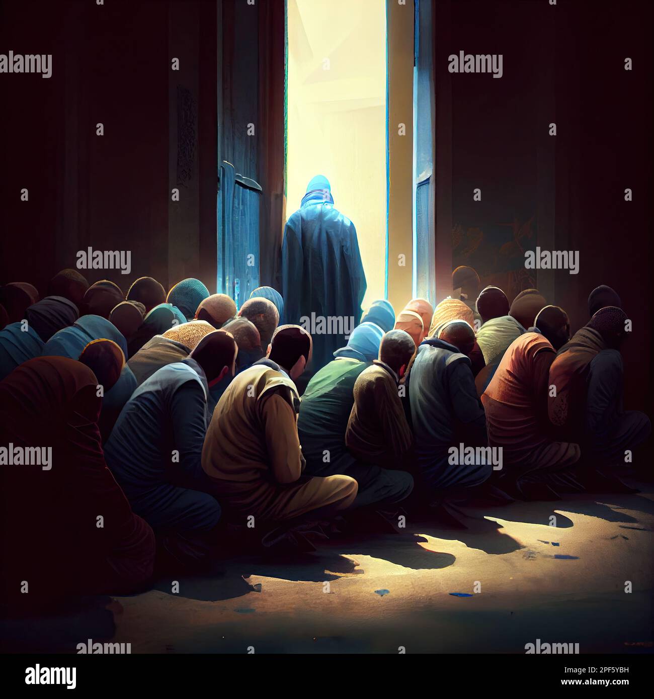 people kneeling in front of an open door, with the light coming through ...