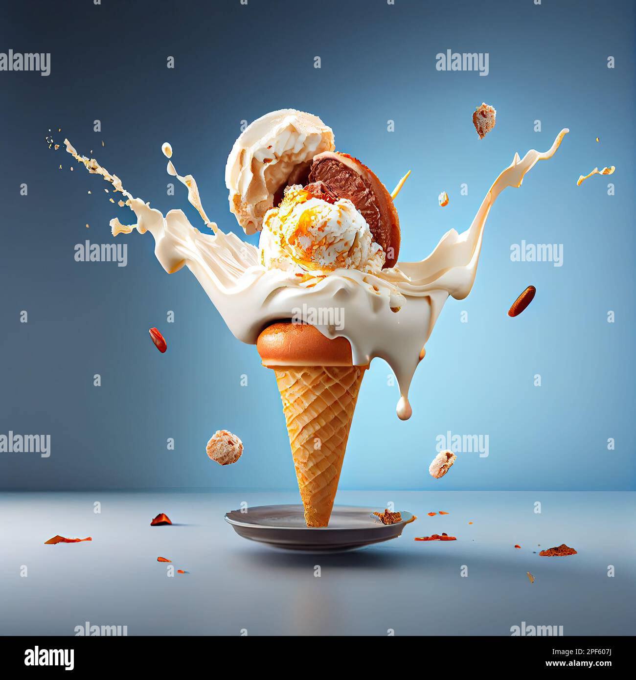 an ice cream cone with chocolate and vanilla on top, falling in the air ...
