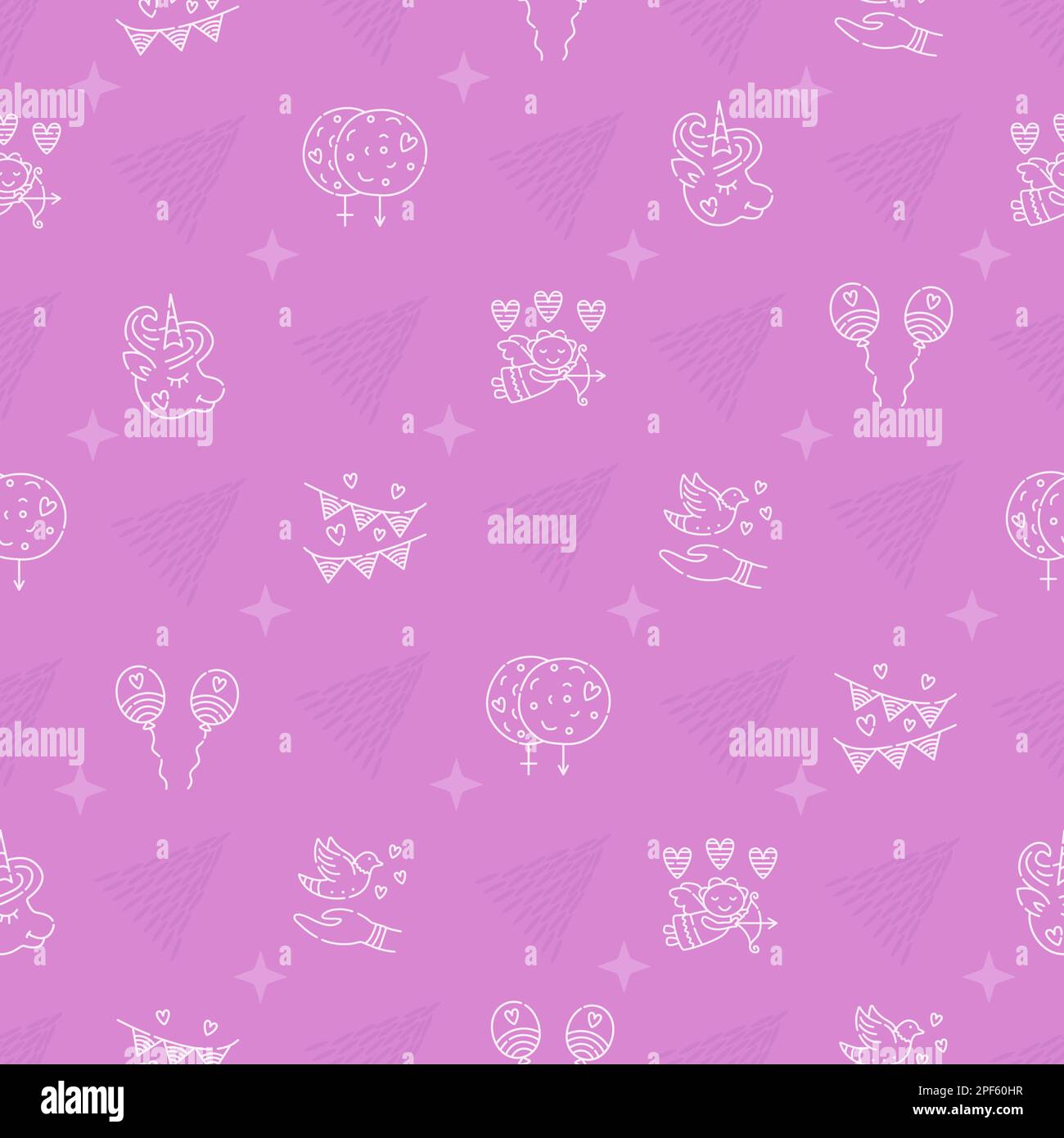 Romantic pink seamless pattern, background with flags, angels, unicorns ...